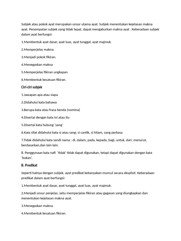 Ciri-Ciri Subjek dan Predikat Ayat | PDF