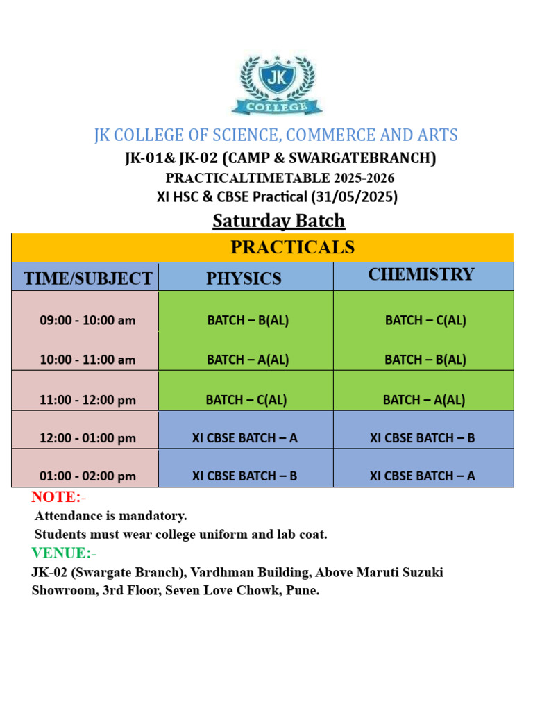 Saturday XI Science Practical JK-01 & JK-02 (Camp & Swargate Branch ...