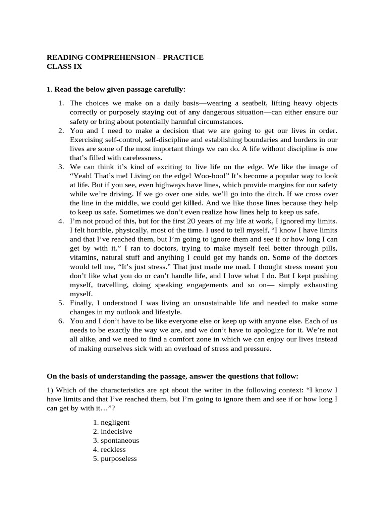 Reading Comprehension Class Ix - Practice | PDF