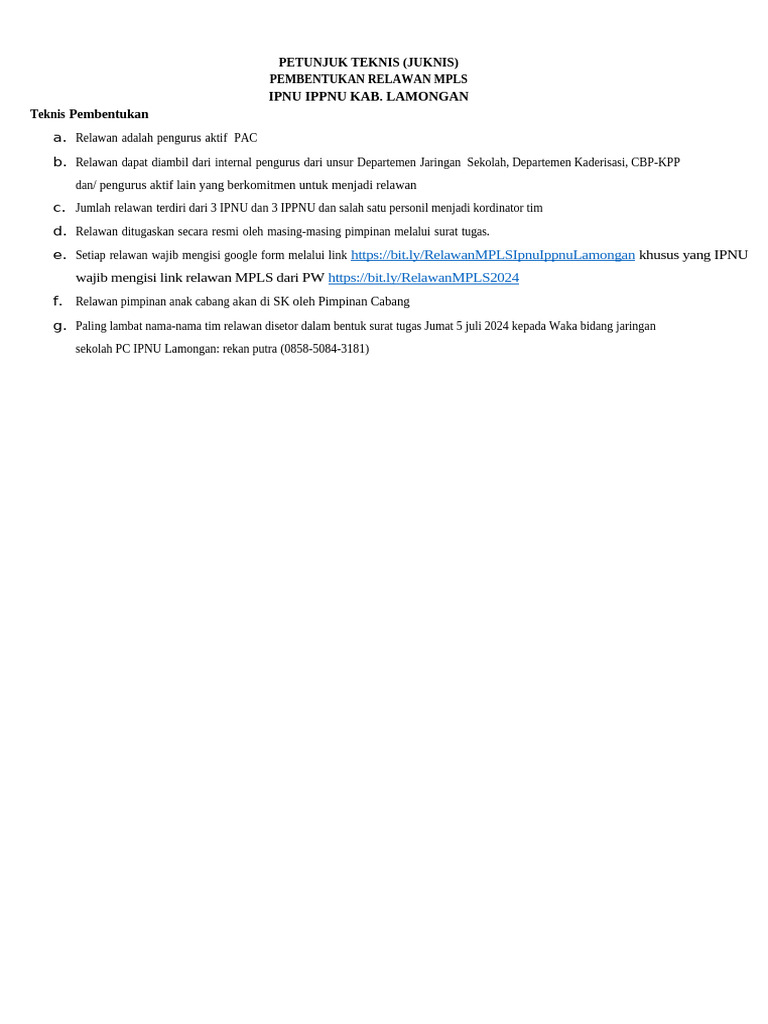 Petunjuk Teknis Pembentukan Relawan Mpls PC Ipnu Ippnu Lamongan | PDF