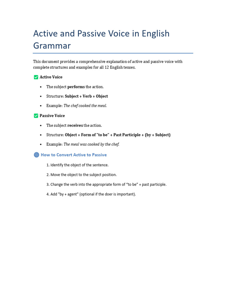 Active and Passive Voice Explained | PDF | Subject (Grammar) | Perfect ...
