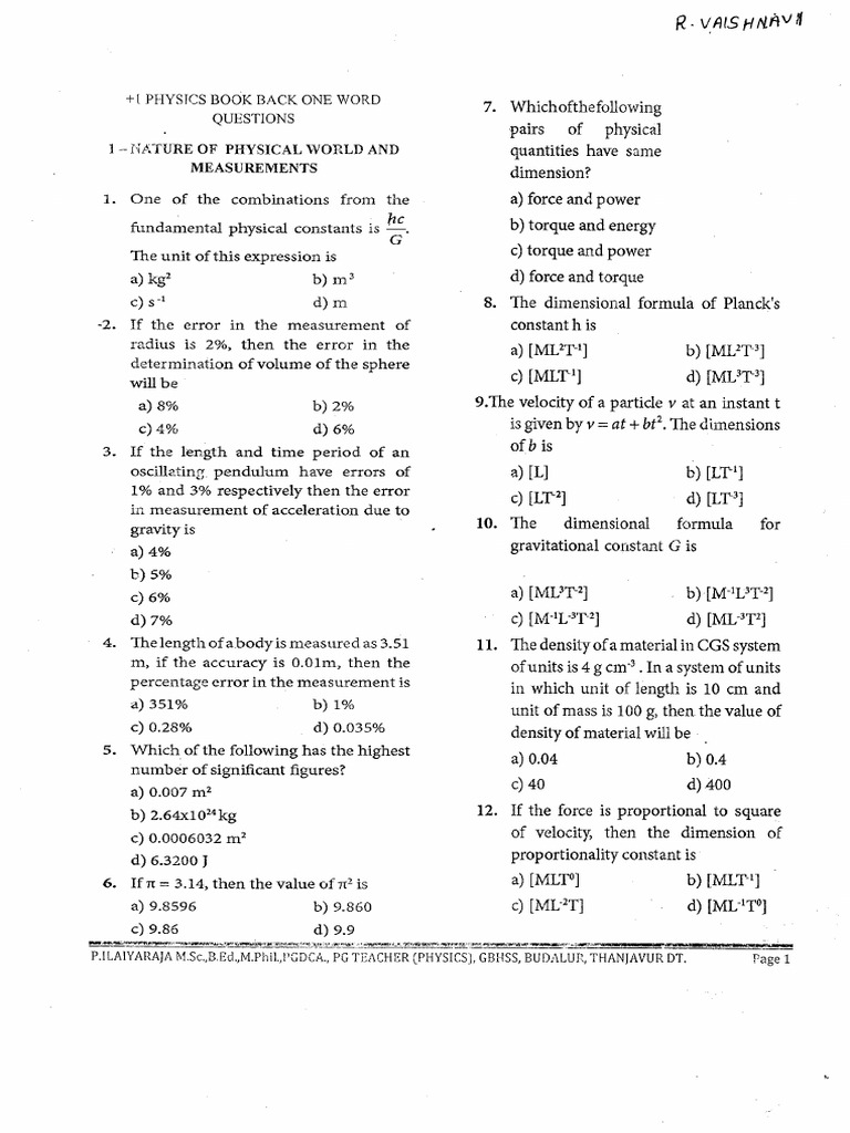 +1 Physics Question Bank | PDF