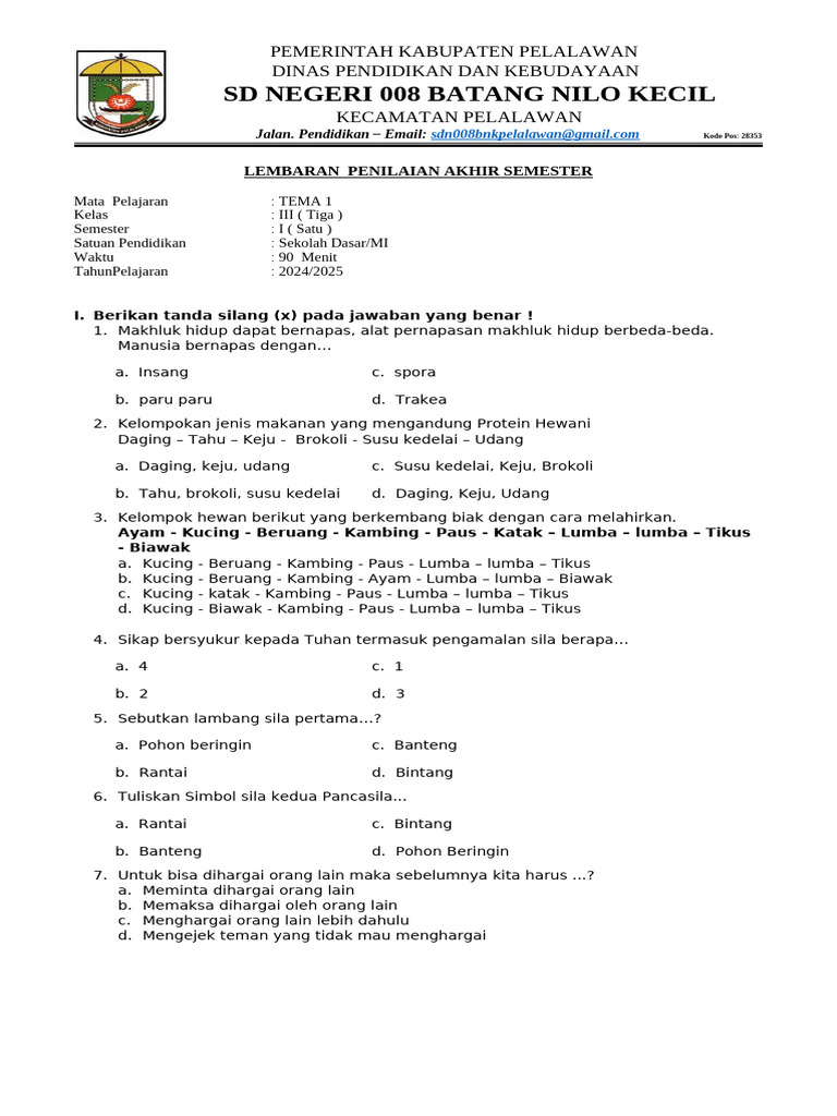 Soal PAS Kelas 3 Tema 1 - Kamimadrasah | PDF