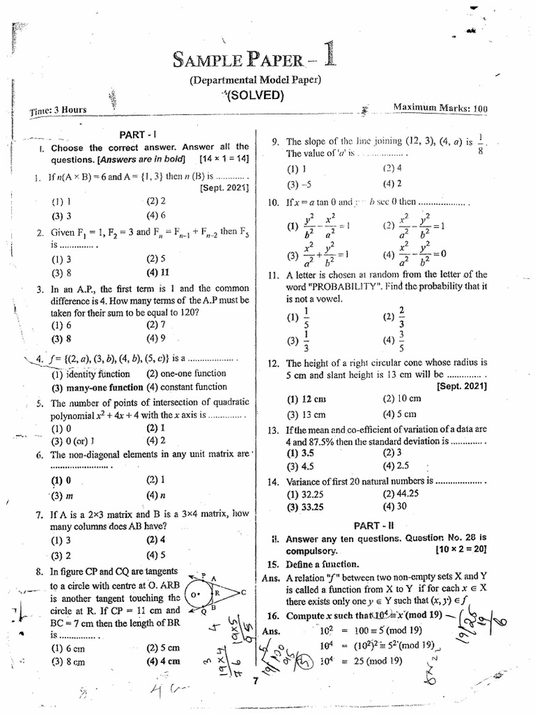 10th Mathamatics Sample Paper 1 | PDF