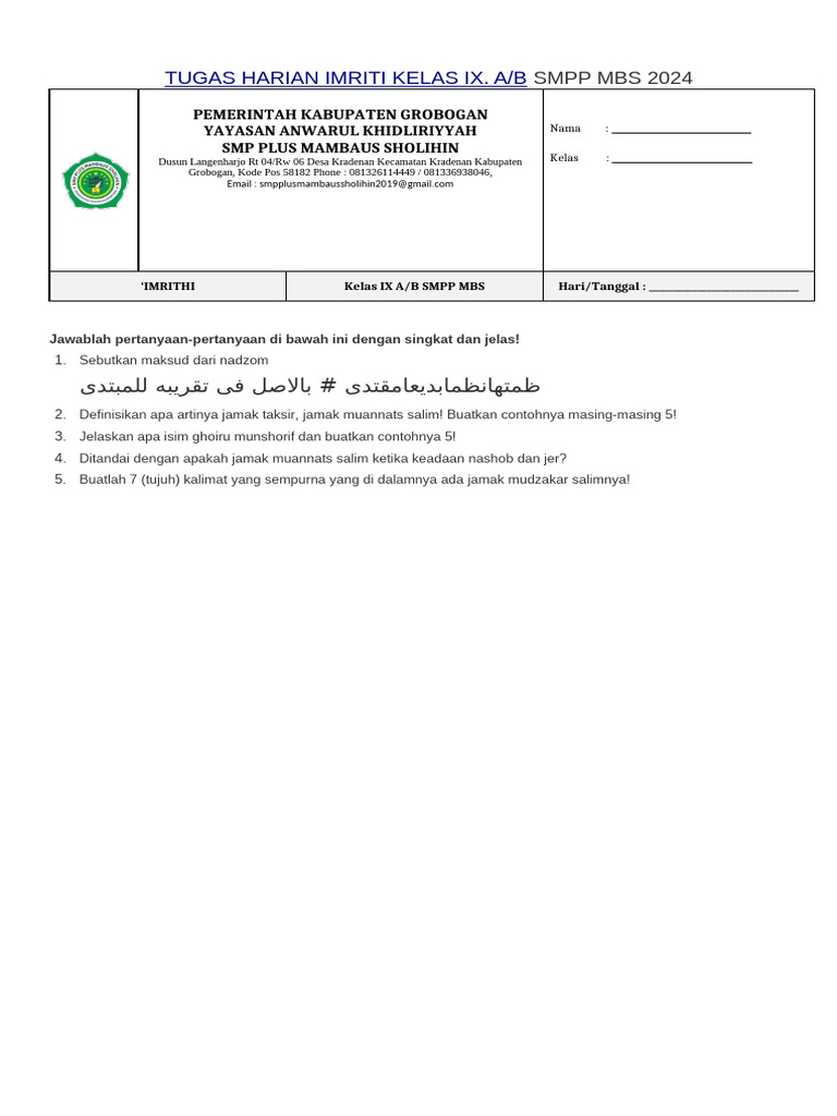 Tugas Harian Imriti Kelas Ix Esay | PDF