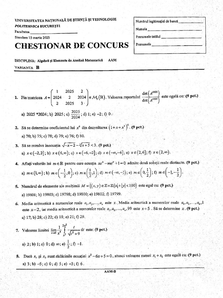 Subiecte Simulare Matematica Upb - 15 Martie 2025 | PDF