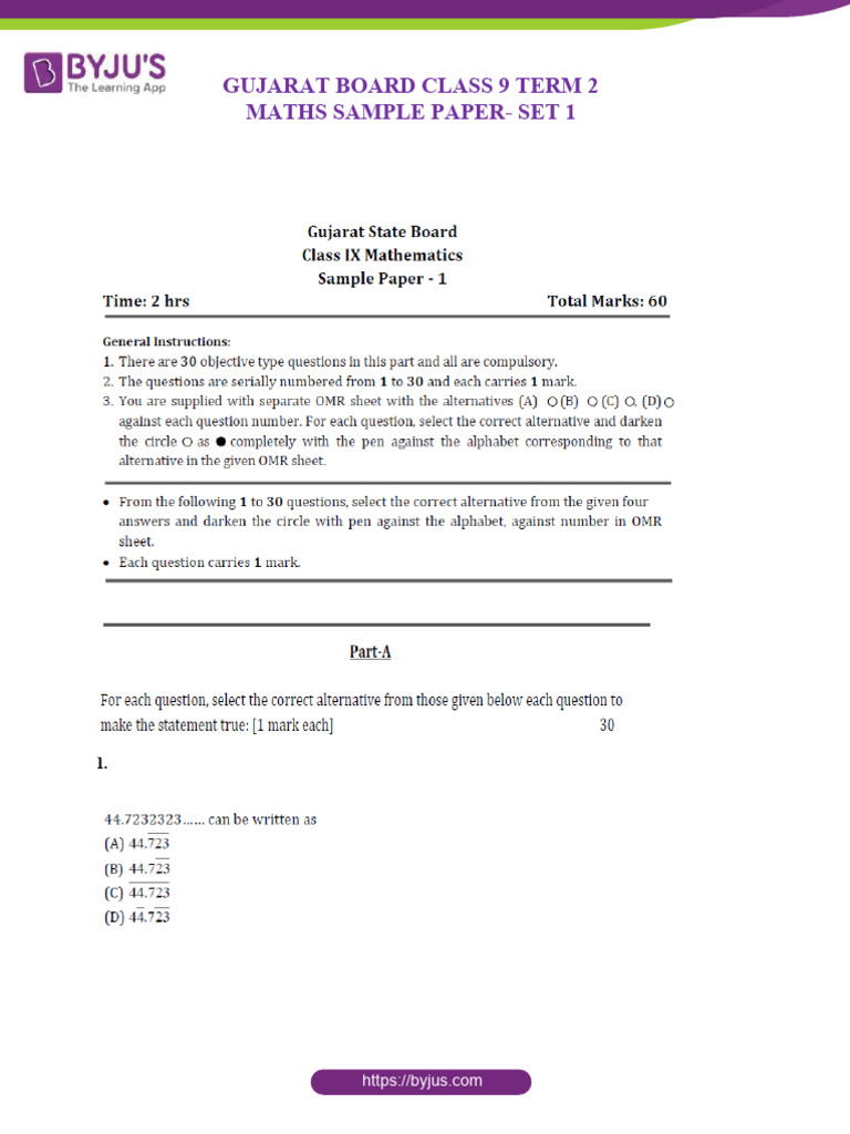 Gujarat Board Class 9 Term 2 Maths Sample Paper Set 1 | PDF