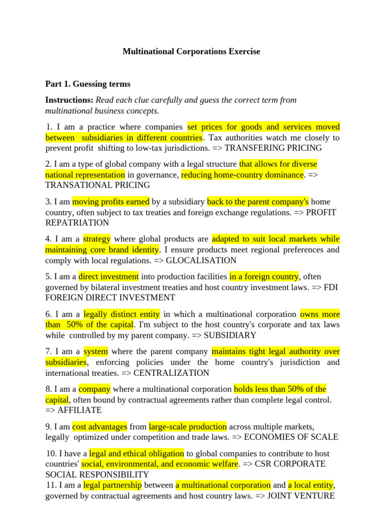 Multinational Business Concepts Quiz | PDF | Multinational Corporation ...