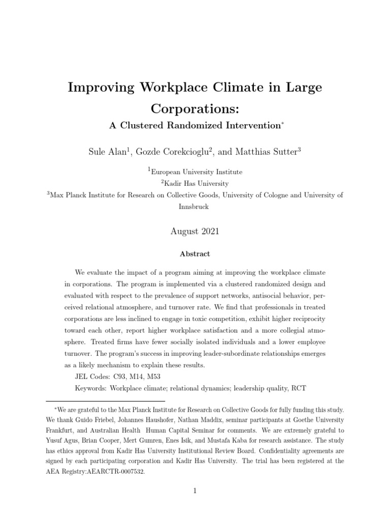 Improving Workplace Climate in Large Corporations-A Clustered ...