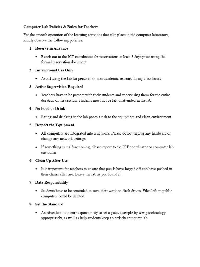 Computer Laboratory Rules and Policies For Teachers | PDF