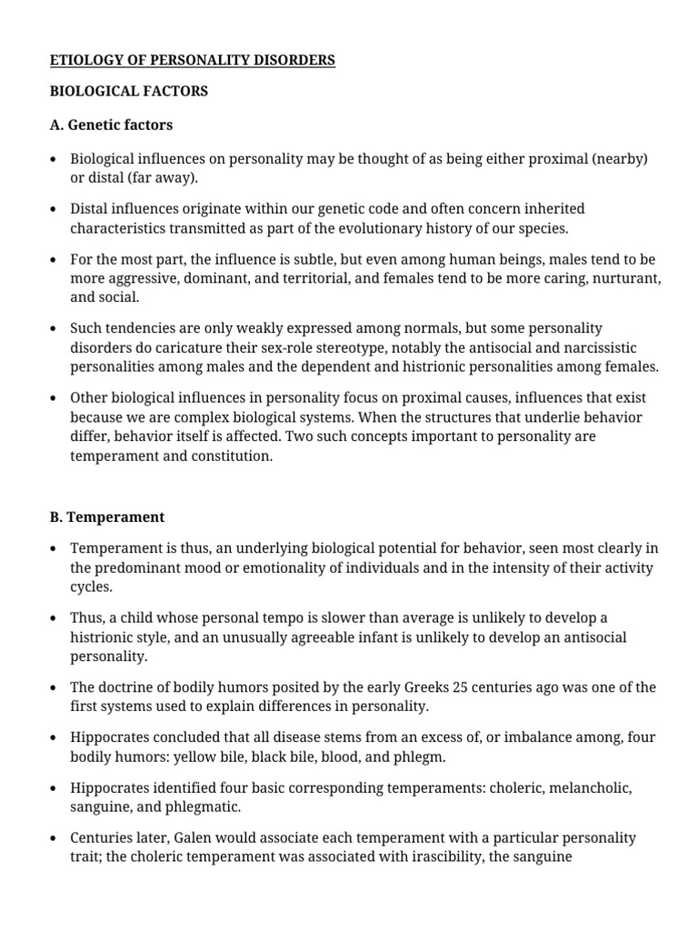 Etiology of Personality Disorder | PDF | Temperament | Psychological ...
