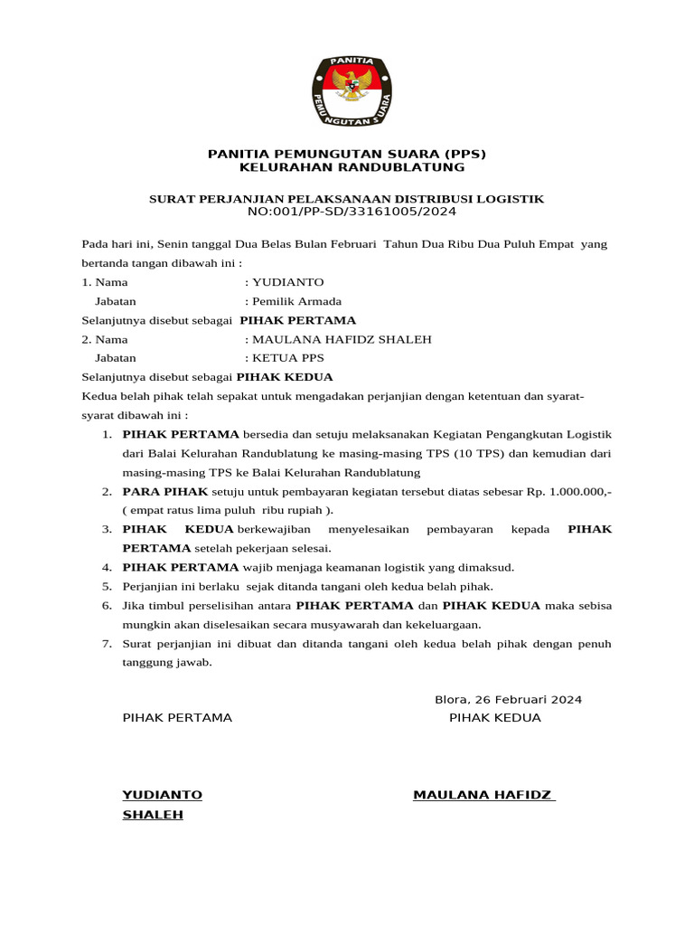 Contoh SP-Sewa Kendaraan Logistik PPS | PDF