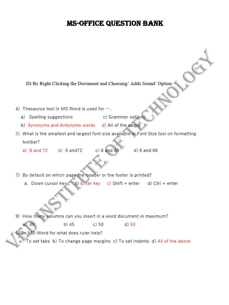 Ms - Office Question Bank | PDF | Microsoft Word | Microsoft Excel