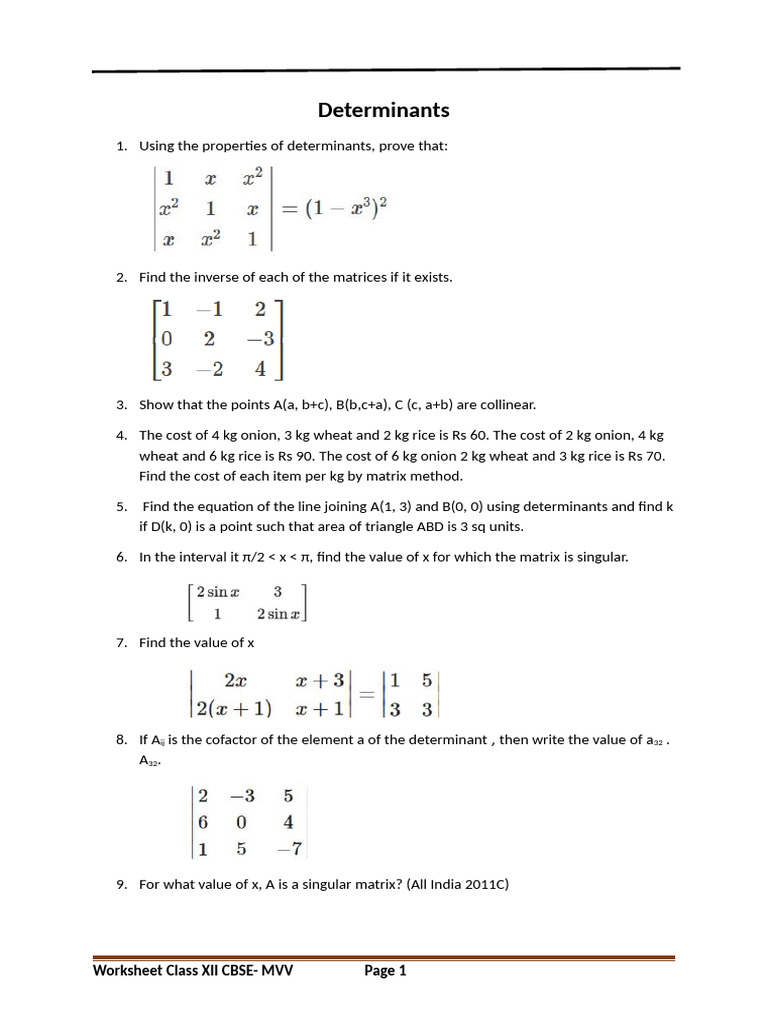 Determinants Worksheet for Class XII | PDF