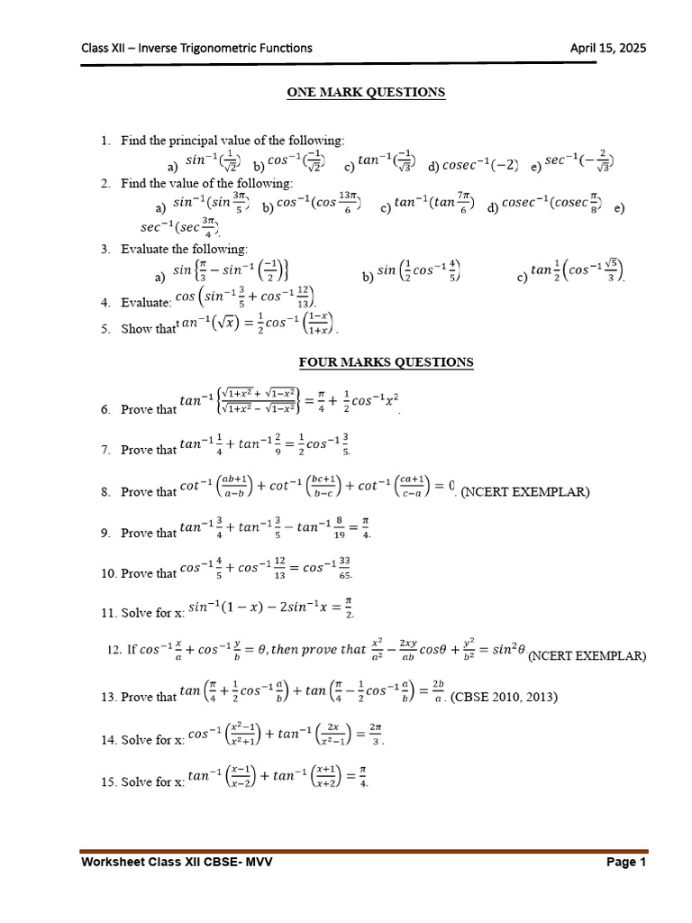 Worksheet 1 - Inverse Trigonometric Functions | PDF