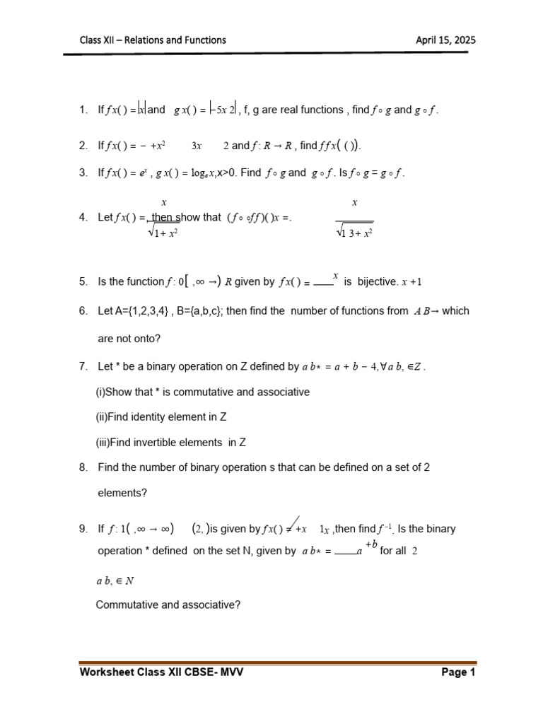 Worksheet 1 - Relations and Functions | PDF