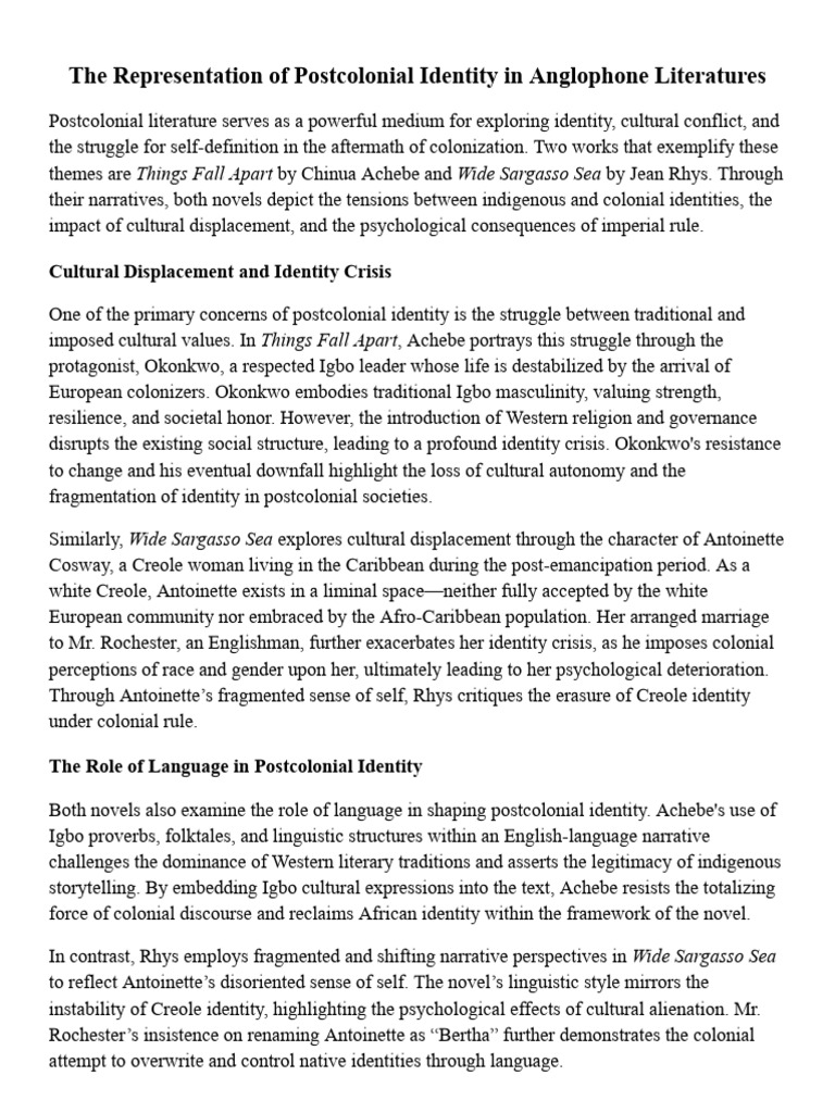 The Representation of Postcolonial Identity in Anglophone Literatures ...