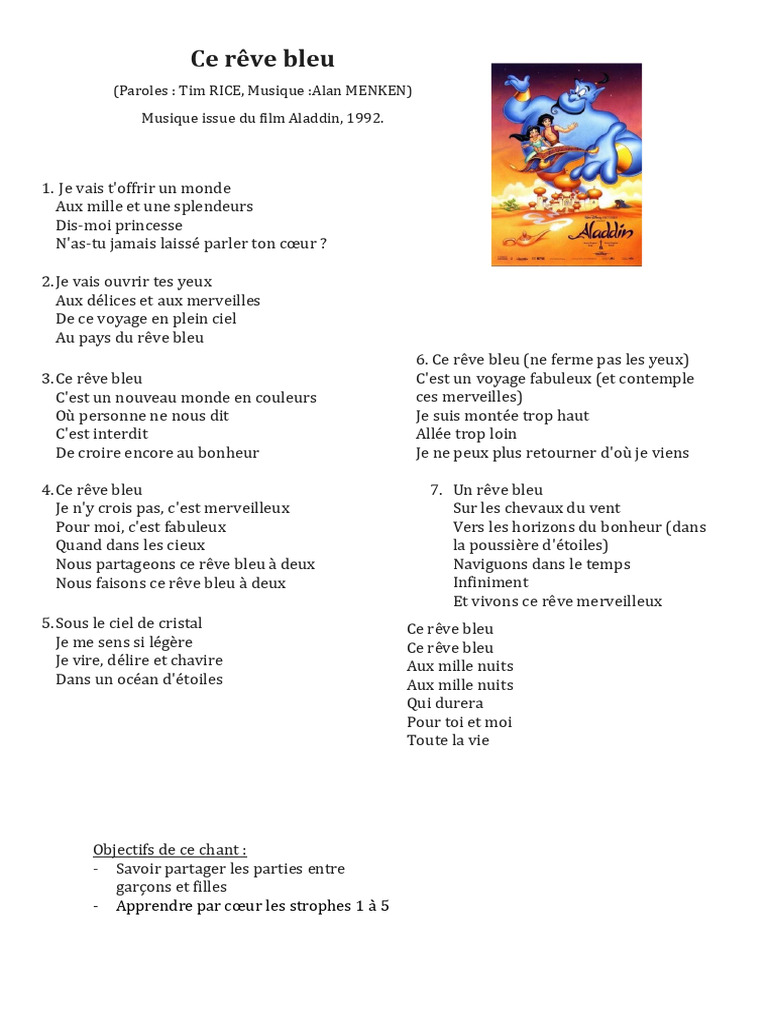 Paroles de "Ce rêve bleu" d'Aladdin | PDF