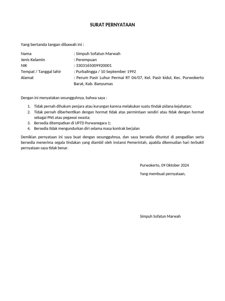 Surat Pernyataan Simpuh Sofatun Marwah | PDF