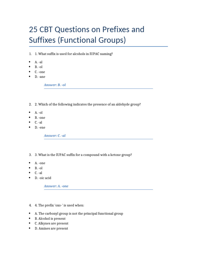 25 CBT Questions Functional Groups | PDF | Functional Group | Chemistry