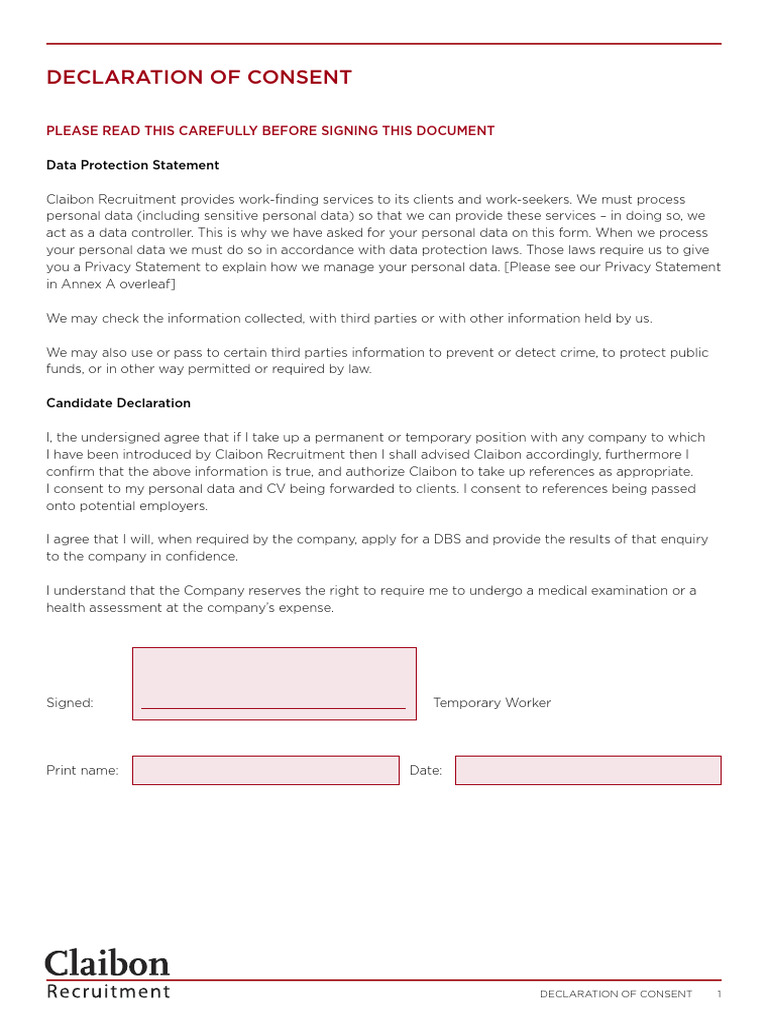 Claibon Declaration of Consent | PDF | Employment | Consent
