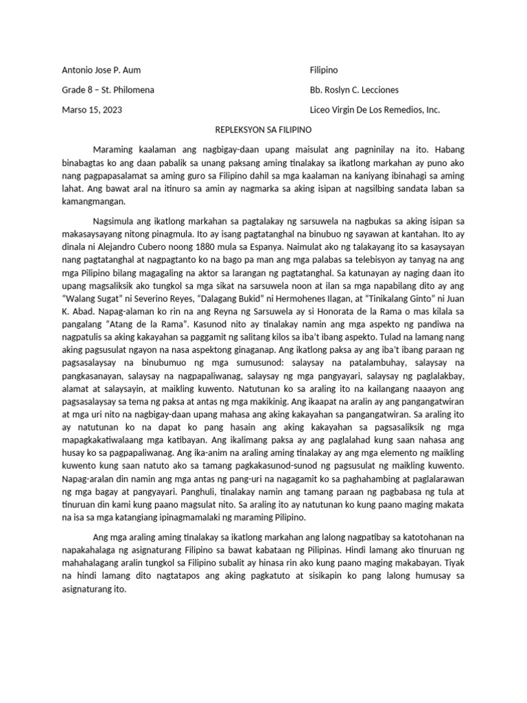 Repleksyon Sa Filipino | PDF