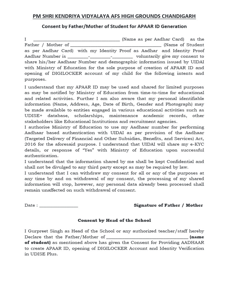 APAAR ID Consent Form for Students | PDF
