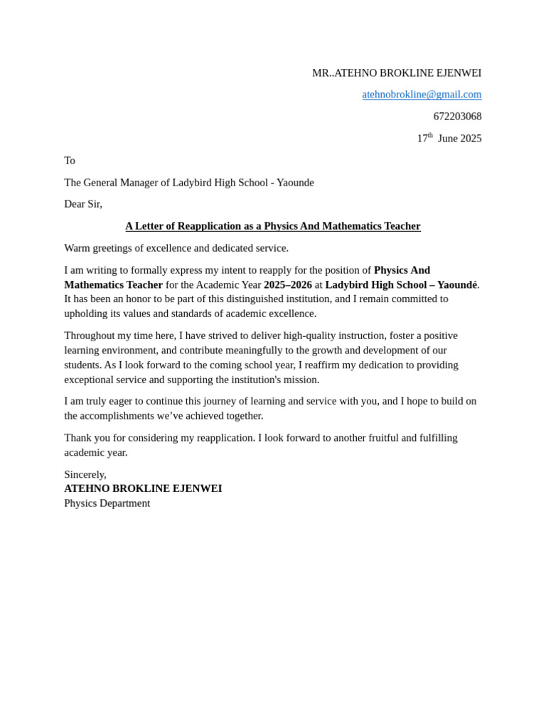 Reapplication Letter | PDF