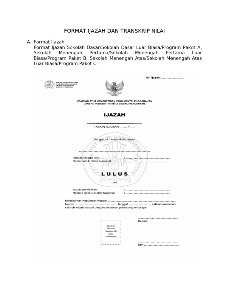 FORMAT IJAZAH DAN TRANSKRIP NILAI | PDF