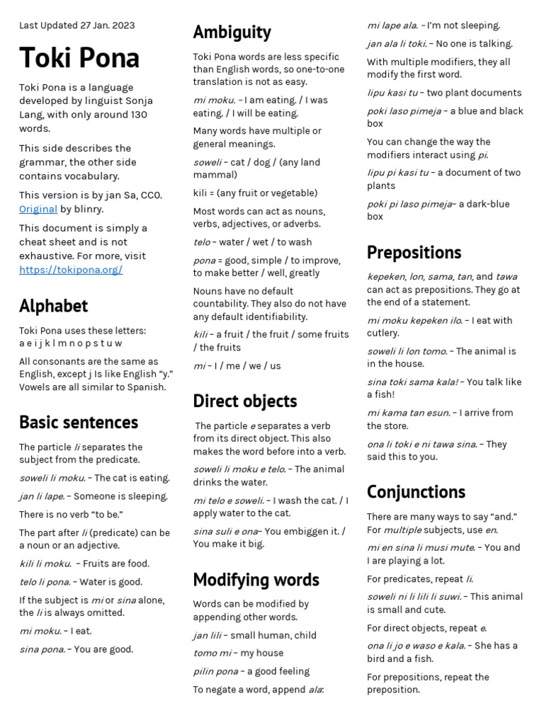 Toki Pona Cheat Sheet v2 Two Sheets | PDF | English Language | Word