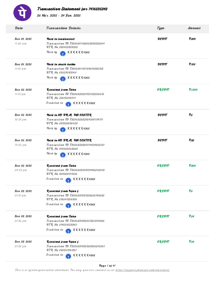 PhonePe Statement Mar2025 Jun2025 | PDF | Debits And Credits | Debit Card