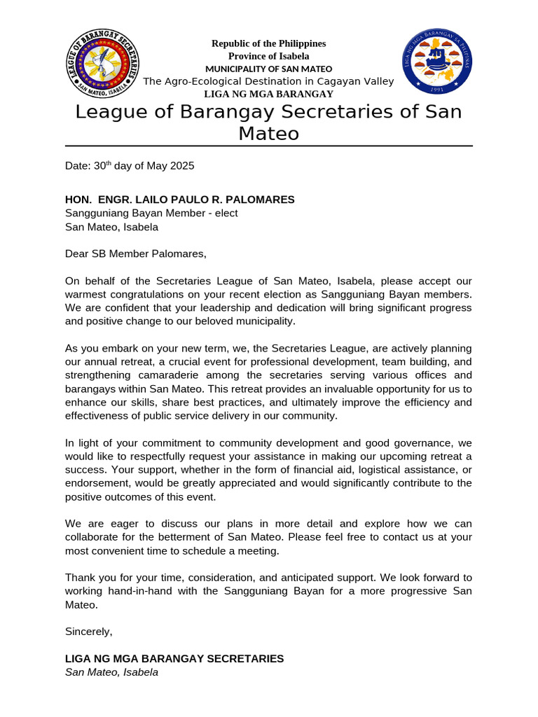 League of Barangay Secretaries Request Letter SB VM | PDF | Local ...