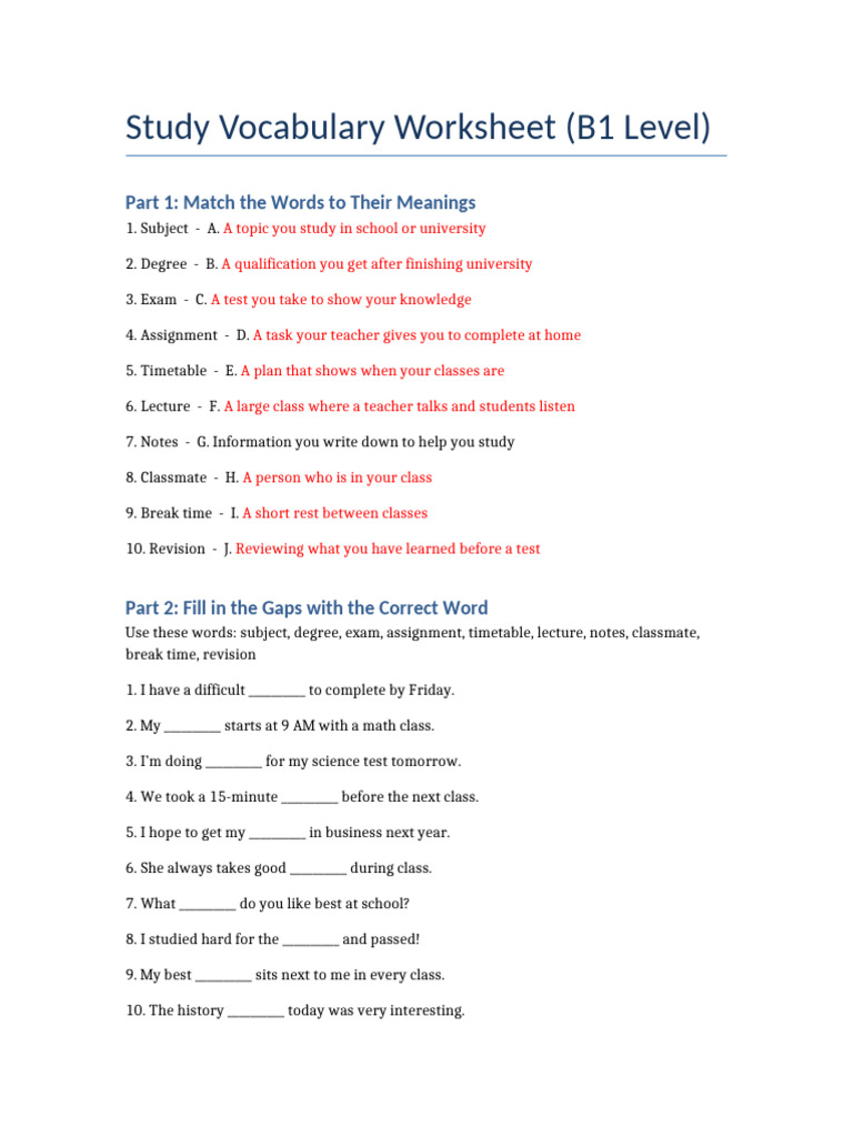 Study Vocabulary Worksheet B1 | PDF
