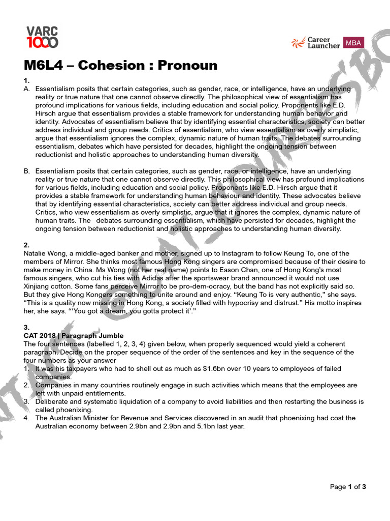 M6L4 Cohesion Pronoun PreSession Doc 1 @cat Coursesbot W | PDF ...