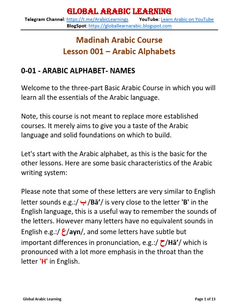 Lesson 001 Arabic Alphabets and Vowels | PDF | Arabic | Alphabet