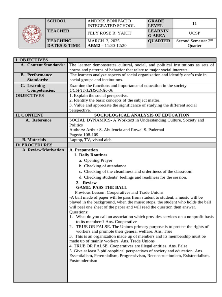 Sociological Analysis of Education Lesson | PDF | Learning | Liberal ...