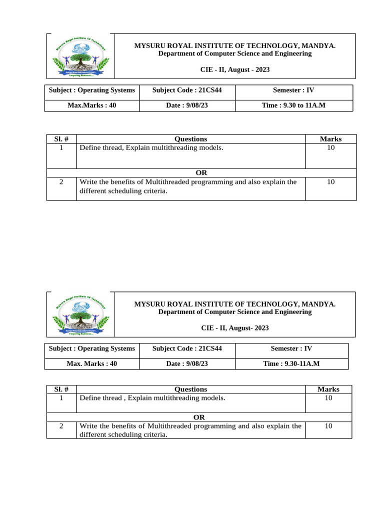 2nd IA Question Paper OS | PDF | Thread (Computing) | Scheduling ...