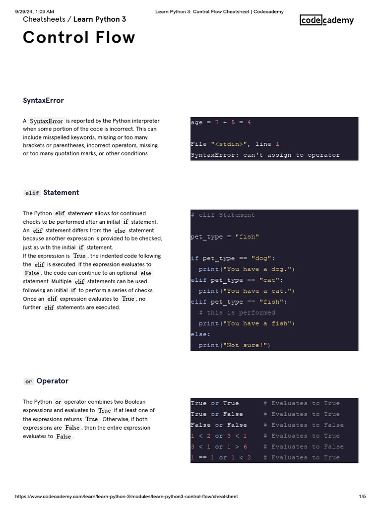 Learn Python 3_ Control Flow Cheatsheet _ Codecademy | PDF | Boolean Data Type | Control Flow