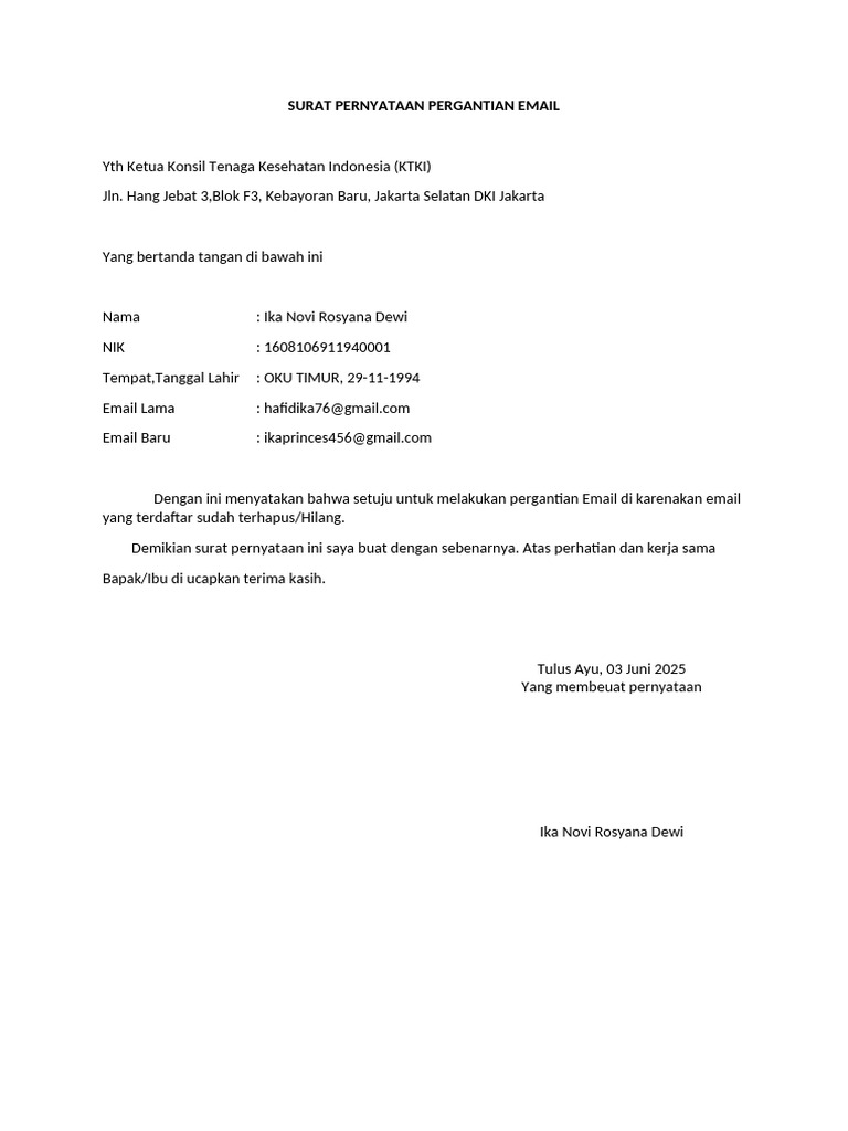 Surat Pernyataan Ganti Email KTKI | PDF