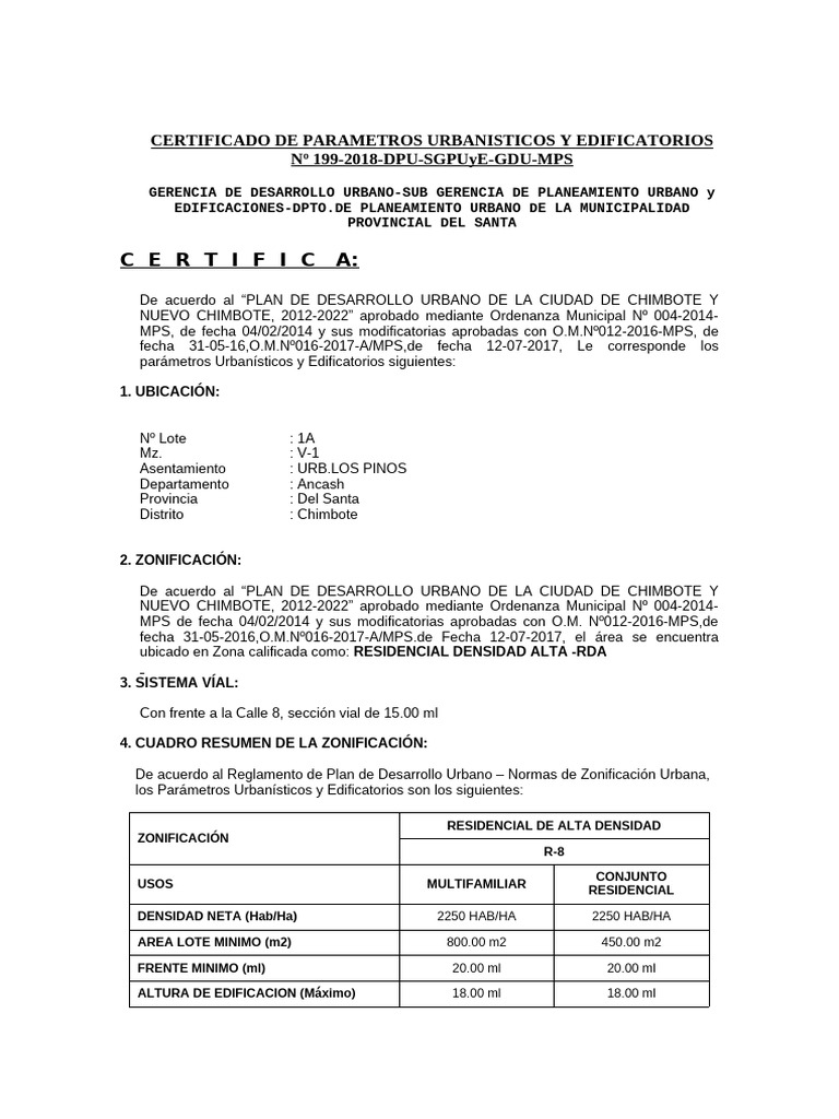 Cert Param Urb-N°202-2018-Rda-Infor N°1056 | PDF | Zonificación | Bienes raíces