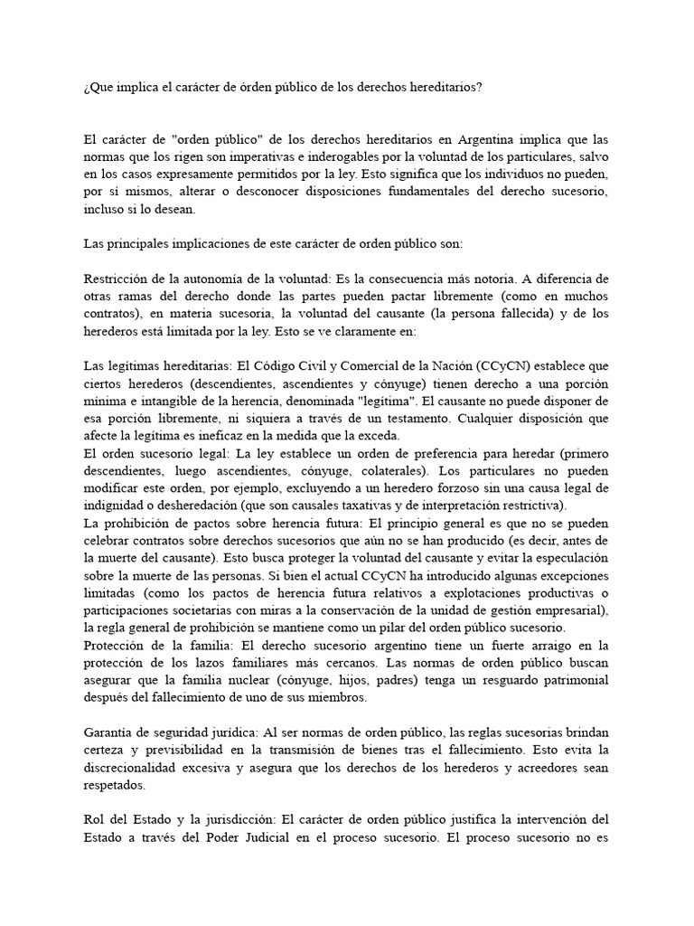 ¿Que Implica El Carácter de Órden Público de Los Derechos Hereditarios ...