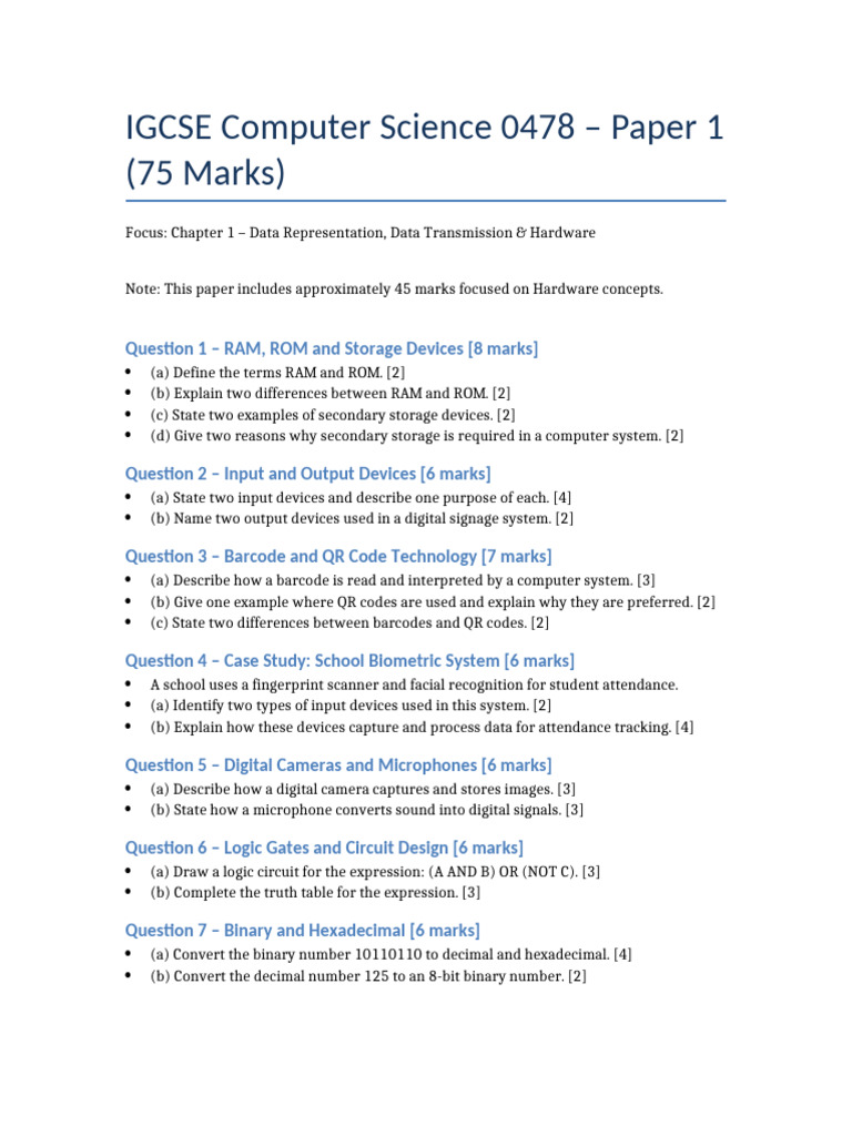 IGCSE Computer Science Paper 1 Guide | PDF