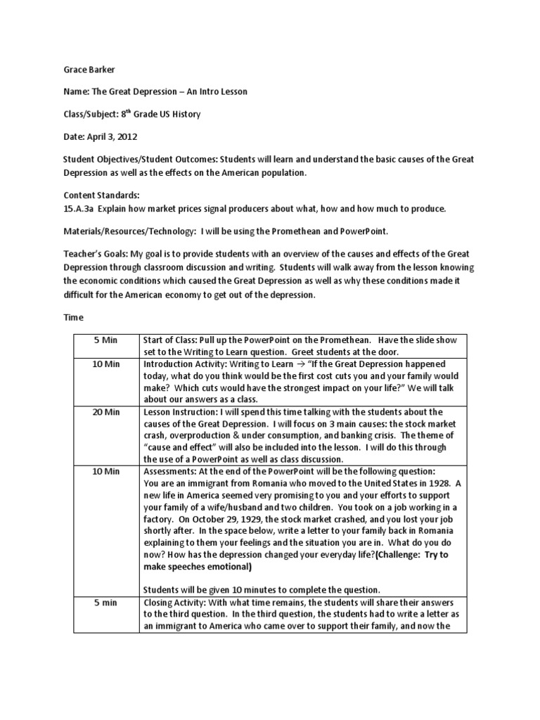 Great Depression Intro Lesson Plan | PDF | Great Depression | Stock Market