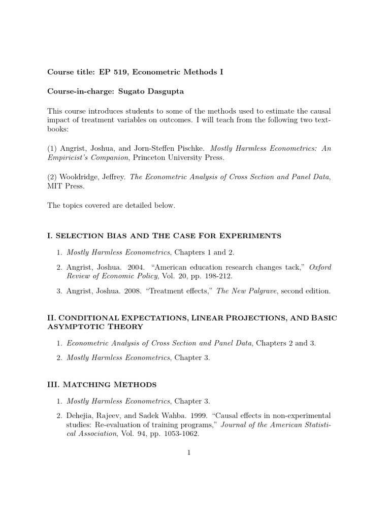 Econometrics1 Syllabus Handout | PDF | Econometrics | Multivariate Statistics
