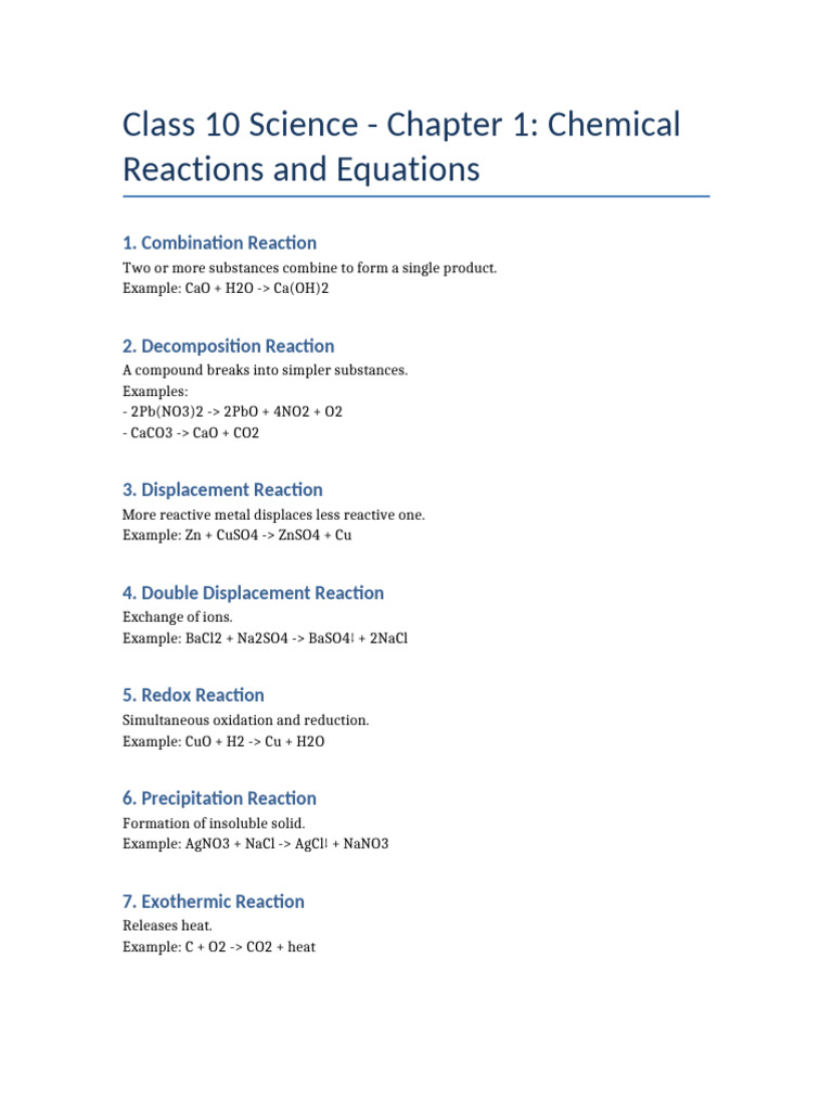 Class 10 Science: Chemical Reactions Guide | PDF