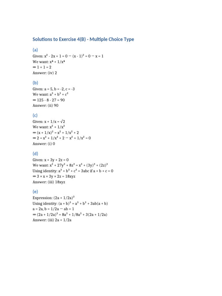 Exercise 4B MCQ Solutions | PDF