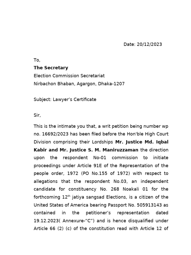 High Court Writ on Election Candidate's Eligibility | PDF