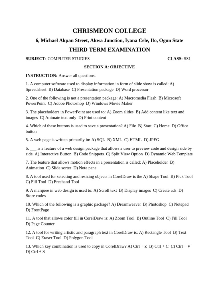 SS1 & SS2 Computer Studies Exam Guide | PDF | Microsoft Word ...