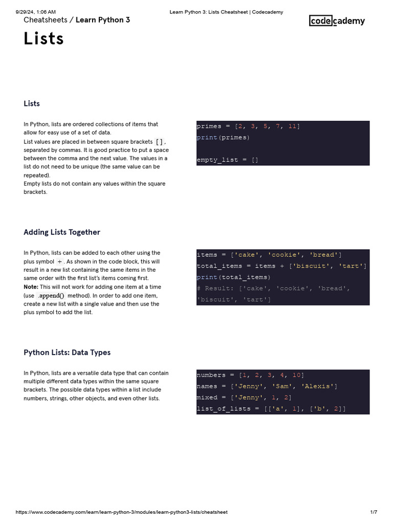 Learn Python 3 - Lists Cheatsheet - Codecademy | PDF | Python (Programming Language) | Software ...