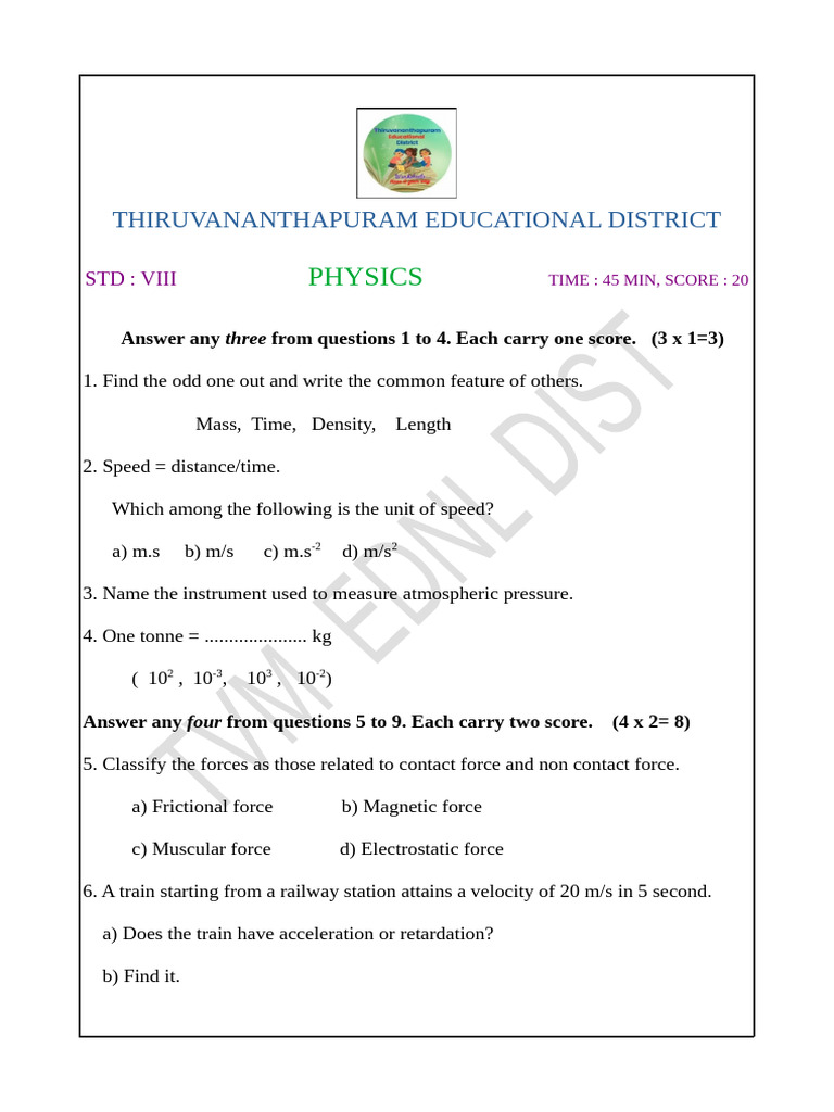 Class 8 Physics Exam Questions | PDF | Force | Physical Quantities